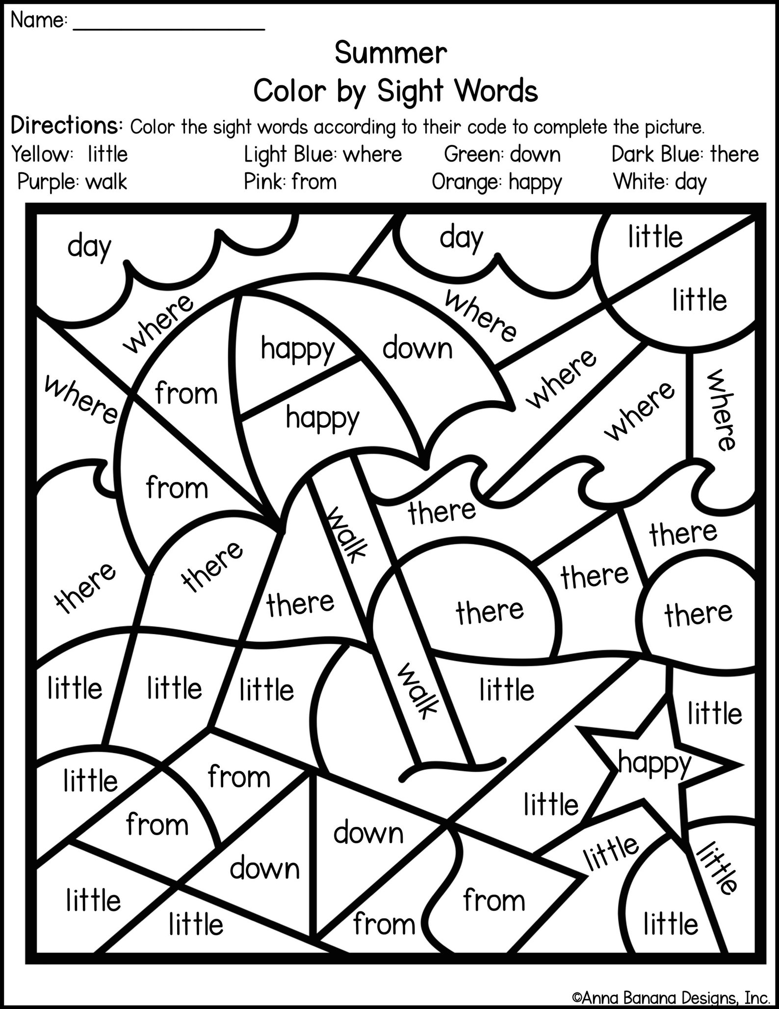 Summer Color by Sight Words, Color by Sight Words Summer, Summer Sight ...