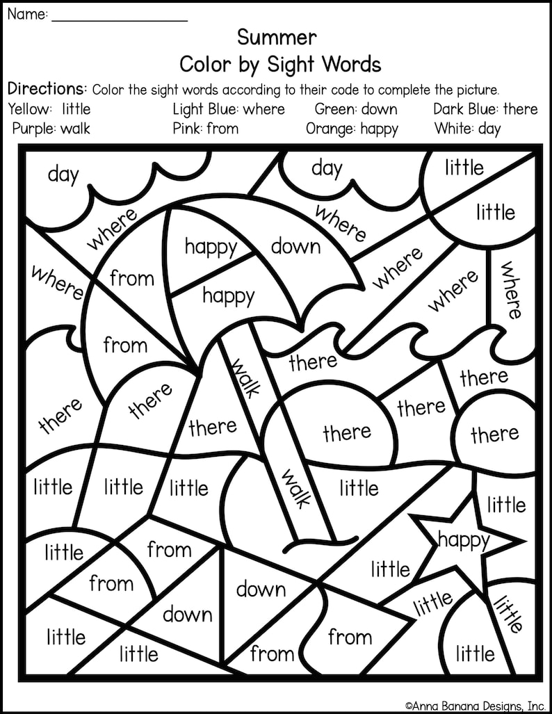 Summer Color by Sight Words, Color by Sight Words Summer, Summer Sight ...