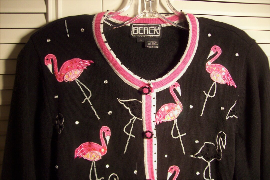 Sweater Small, Berek Pink Flamingos on Black Knitted Sweater! Snow Bird ...