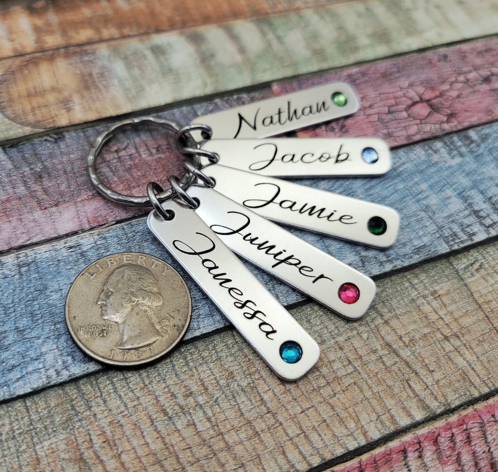 Family Keychain With Kids Names Birthstone Name Charms - Etsy