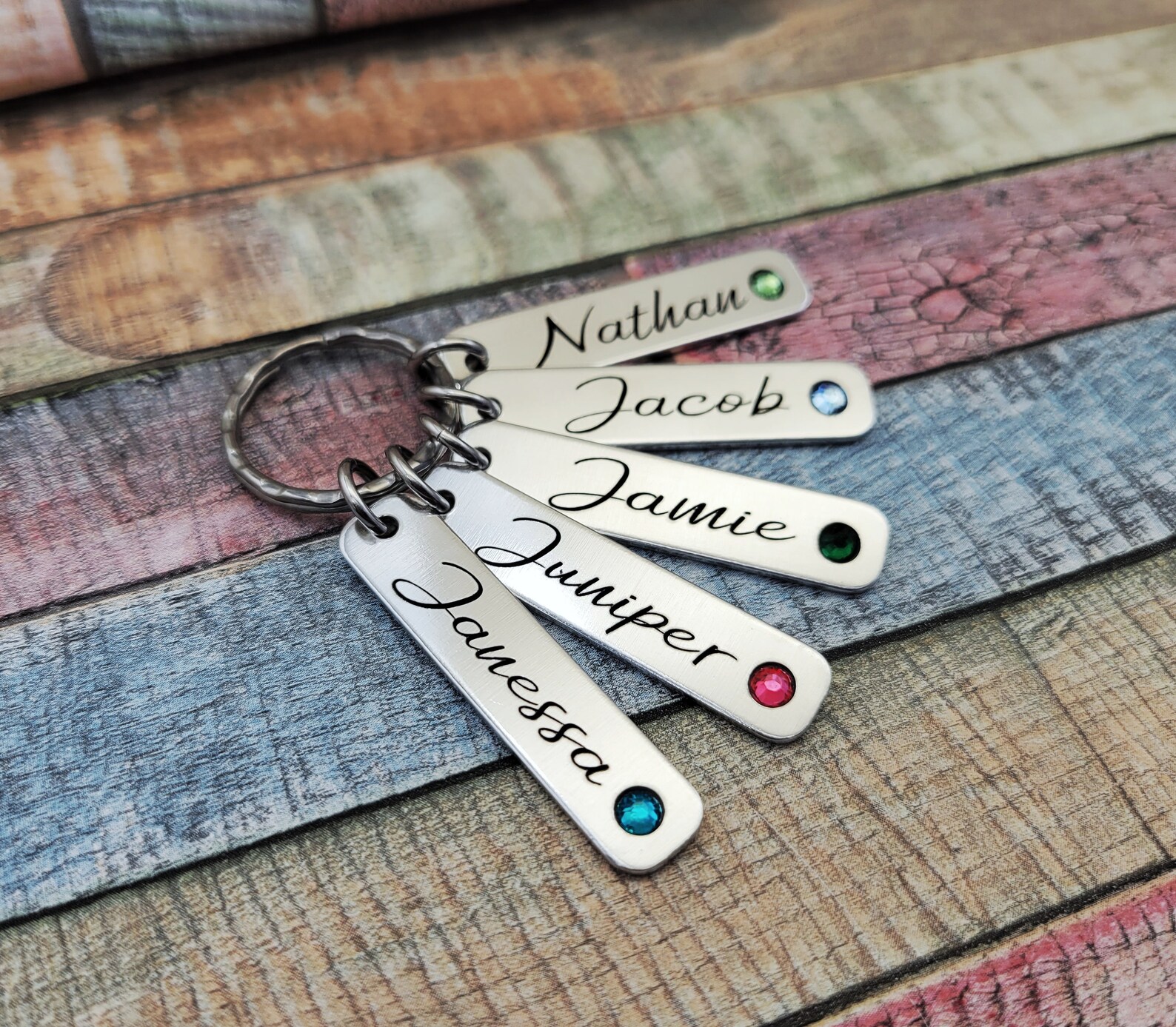 Family Keychain With Kids Names Birthstone Name Charms - Etsy