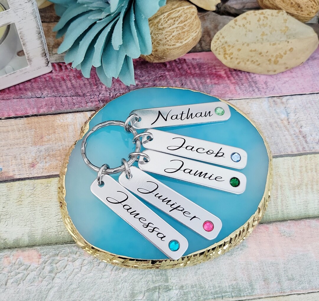 Family Keychain With Kids Names Birthstone Name Charms - Etsy