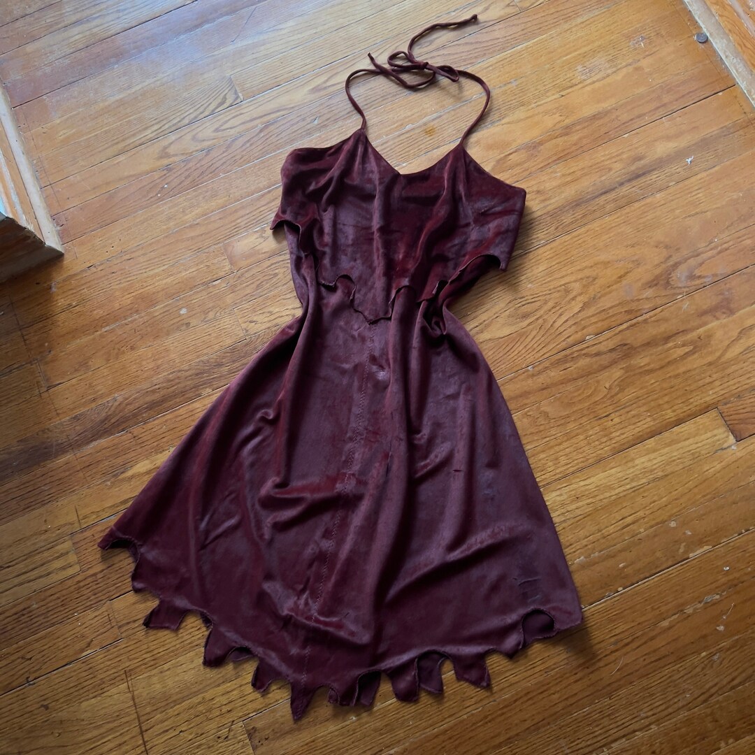 1970s Warm Brown Velvet Ripped Edges Halter Dress - Etsy