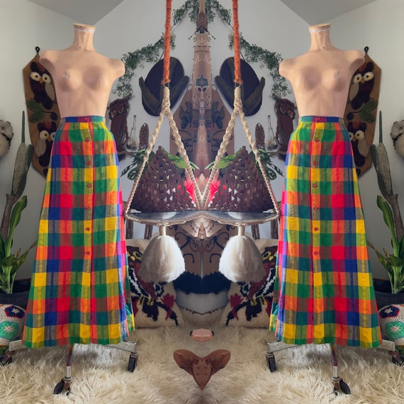 rainbow plaid scarf 1970s - Gem