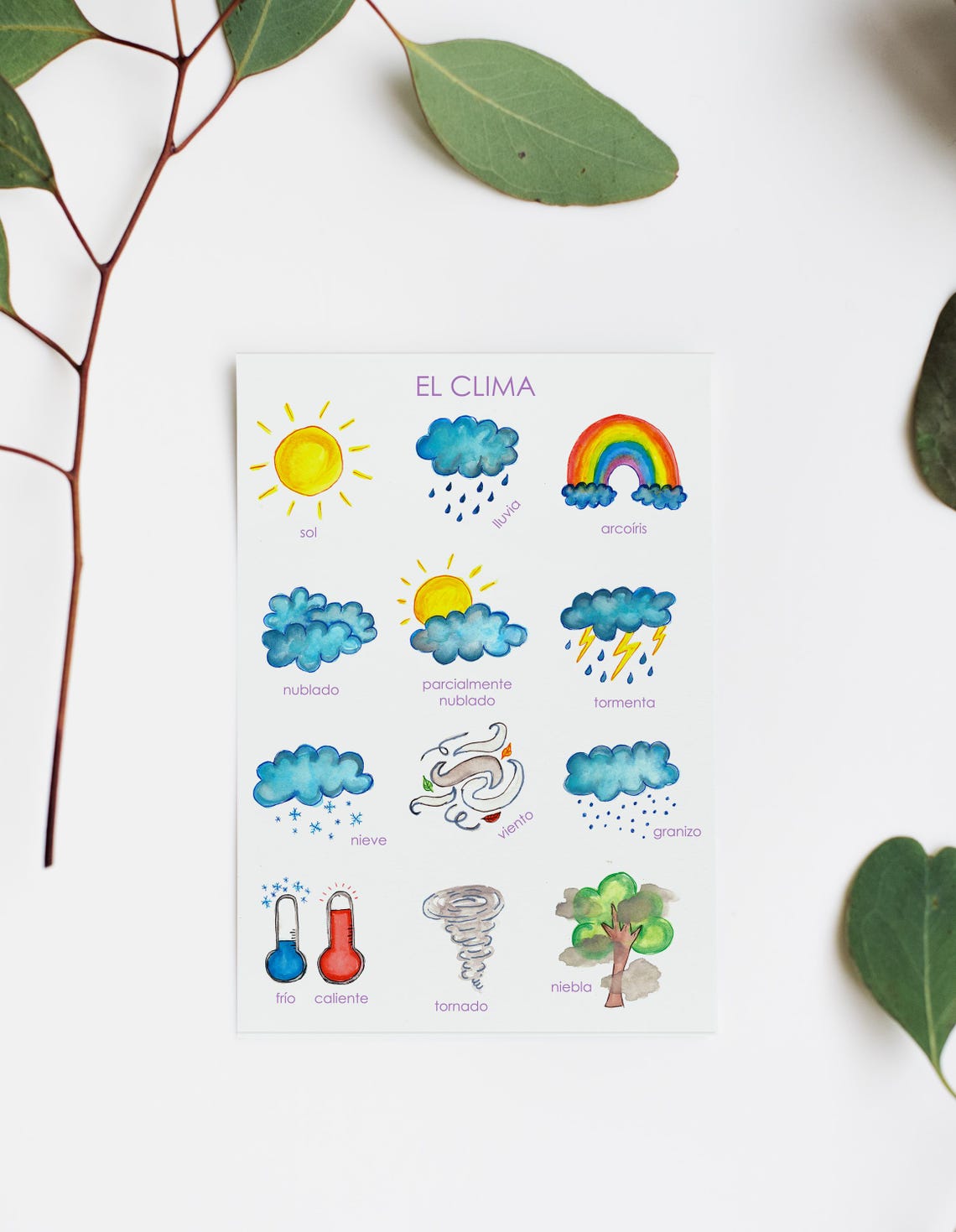 Weather in Spanish Poster: Hand-painted Educational Print (digital ...