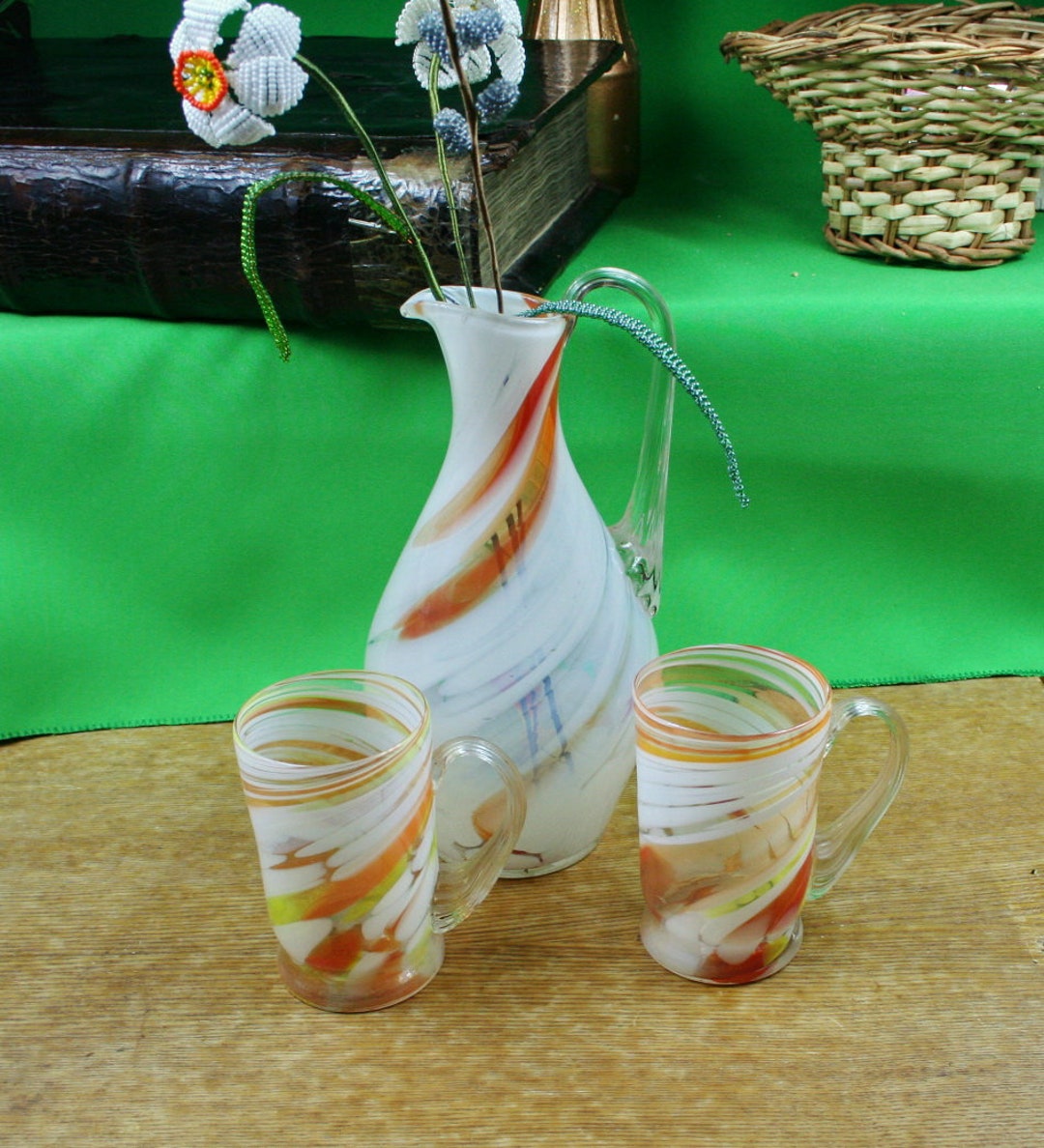 Set of Jug and 2 Cups for Water Milk Rustic Decor Colorful - Etsy