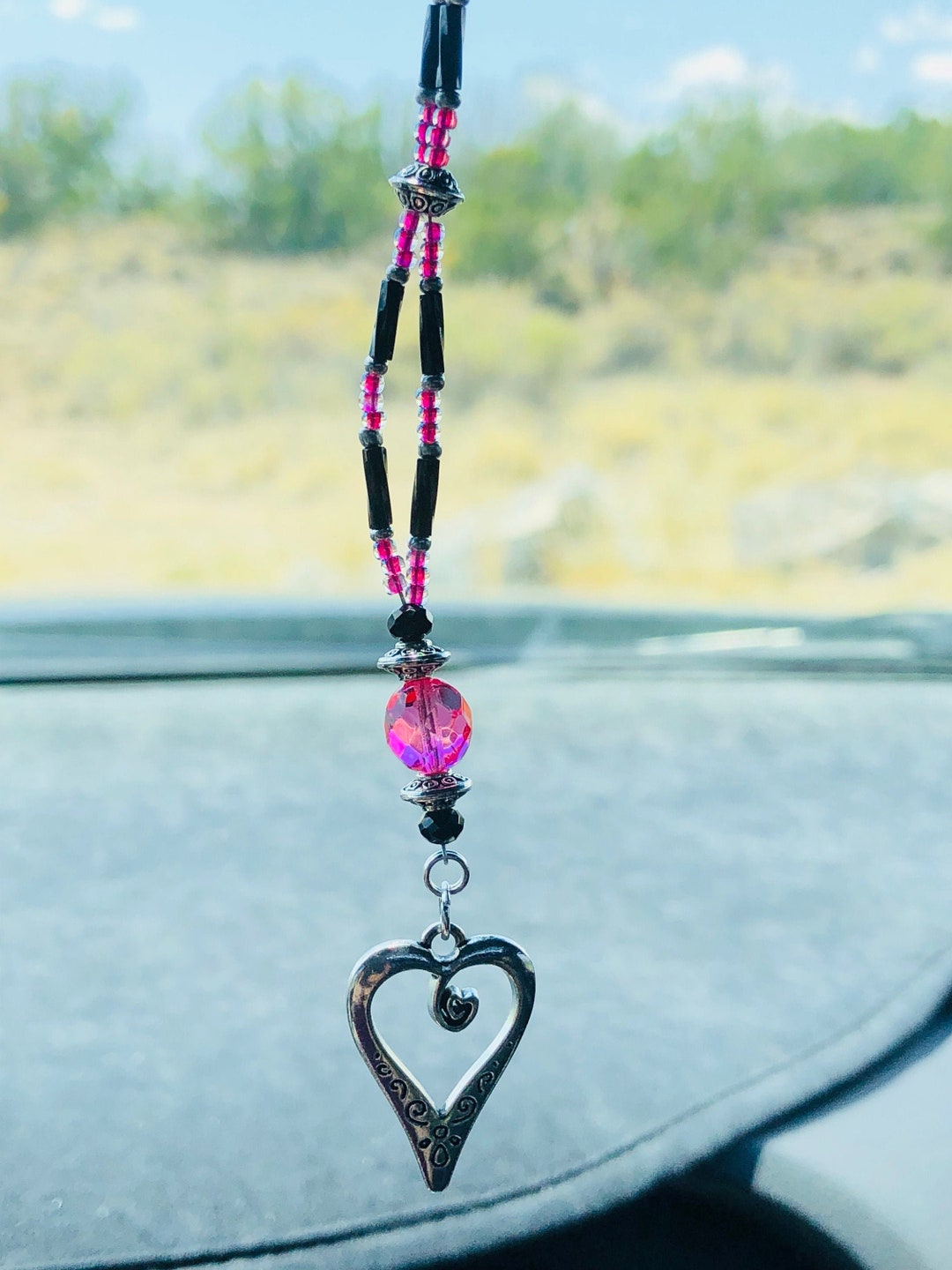 HEART (silver & Pink) Car Accessories Rear View Mirror Car Charm, Heart ...
