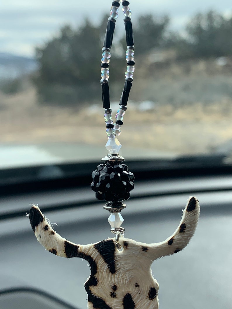 COW SKULL W/FUR (blk & Wht) Car Charm, Car Accessories Rear View Mirror ...