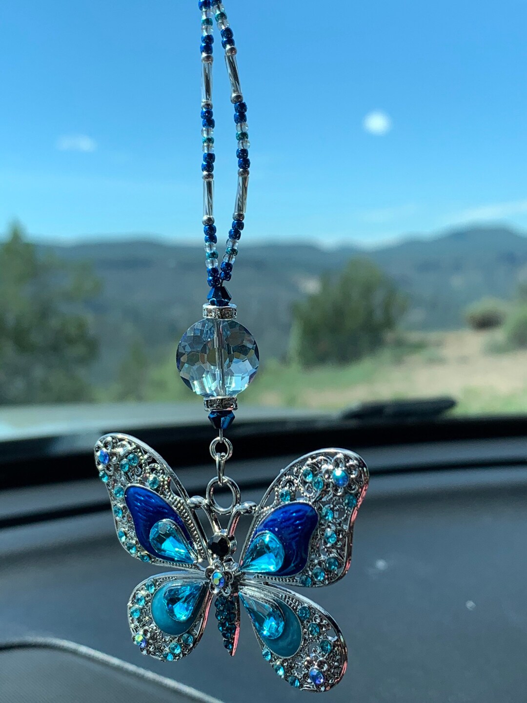BUTTERFLY crystal-lg Blue Car Accessories Rear View Mirror Car Charm ...