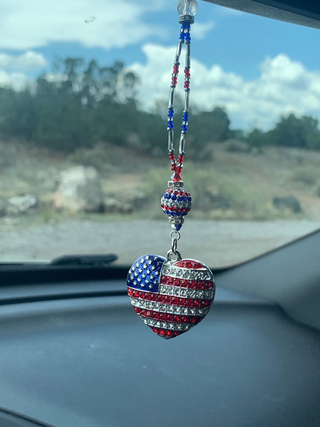 AMERICAN USA FLAG-Crystal Heart Car Charm, accesorios de coche ...