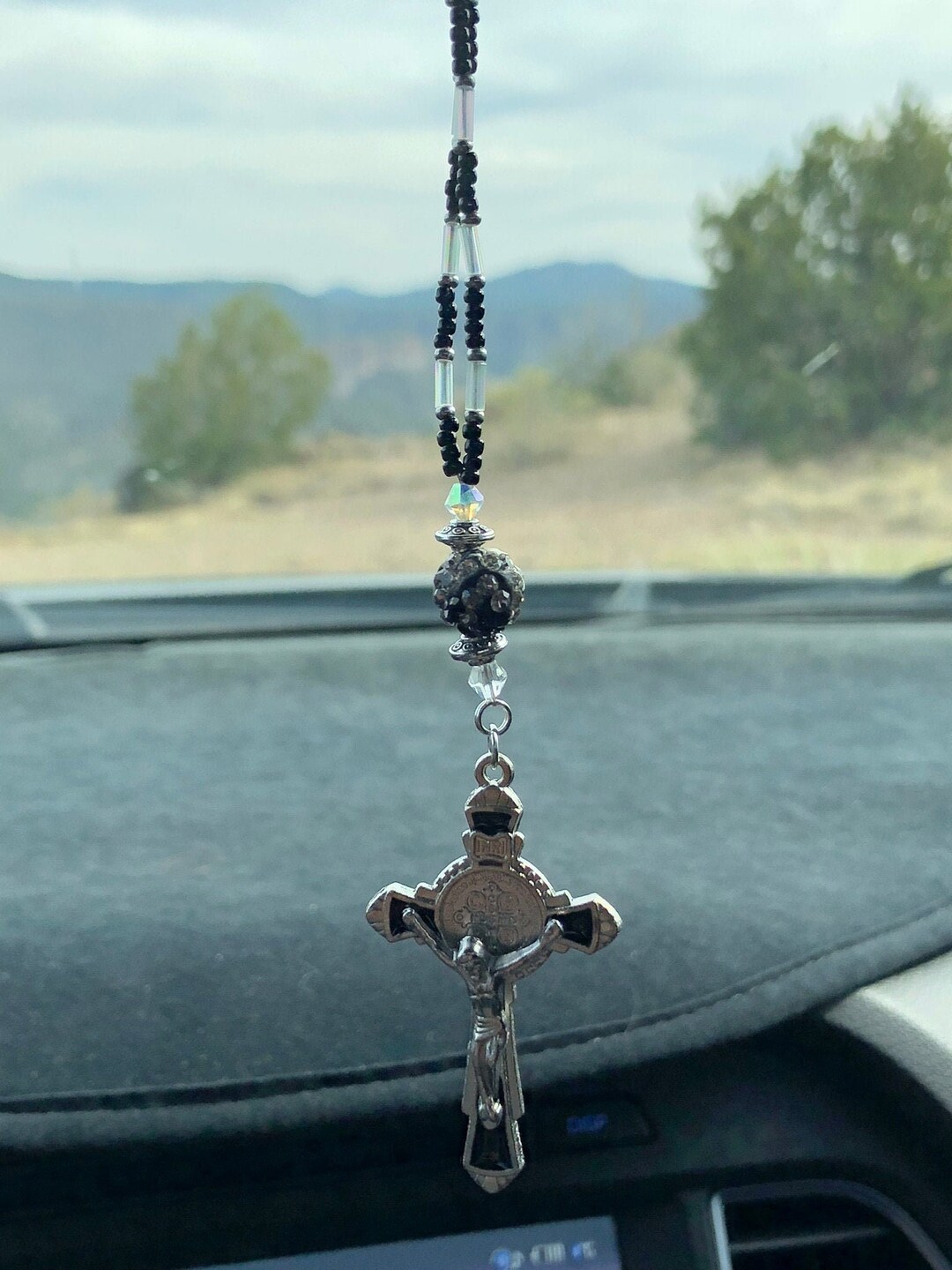 CRUCIFIX BLACK CROSS (black & Crystal) Car Charm, Car Accessories Rear ...