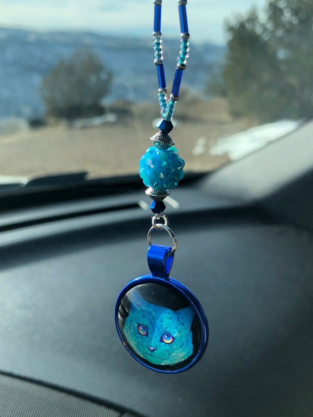 CAT FACE (shades of Blue) Car Charm, Car Accessories Rear View Mirror ...