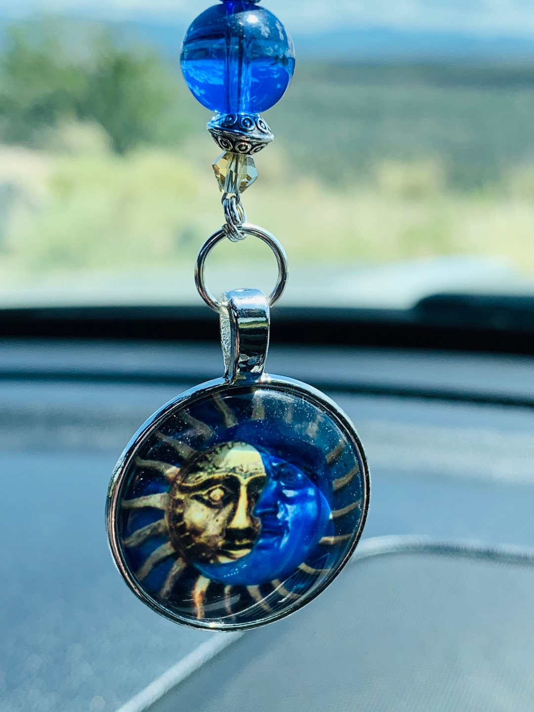 CRESCENT MOON & SUN Cabochon (gold and Blue) Car Accessories Rear View ...