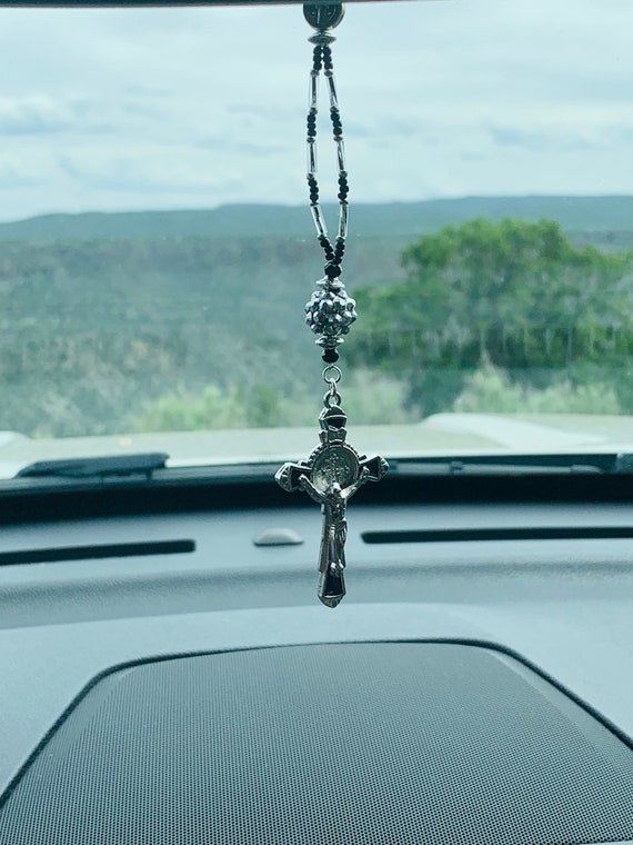 CRUCIFIX BLACK CROSS black-crystal Car Accessories Rear View | Etsy
