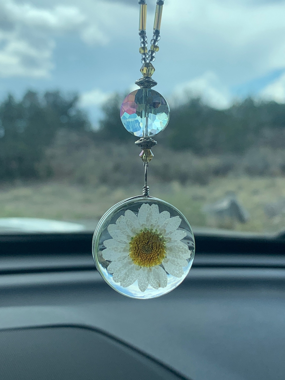 DAISY FLOWER (w/dried Flower) Car Charm, Car Accessories Rear View ...