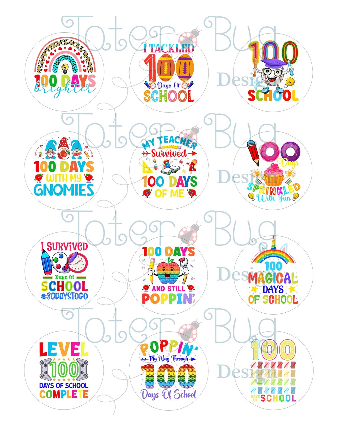 100 Days Bright Colors 2 Inch Cupcake Topper Instant Download - Etsy