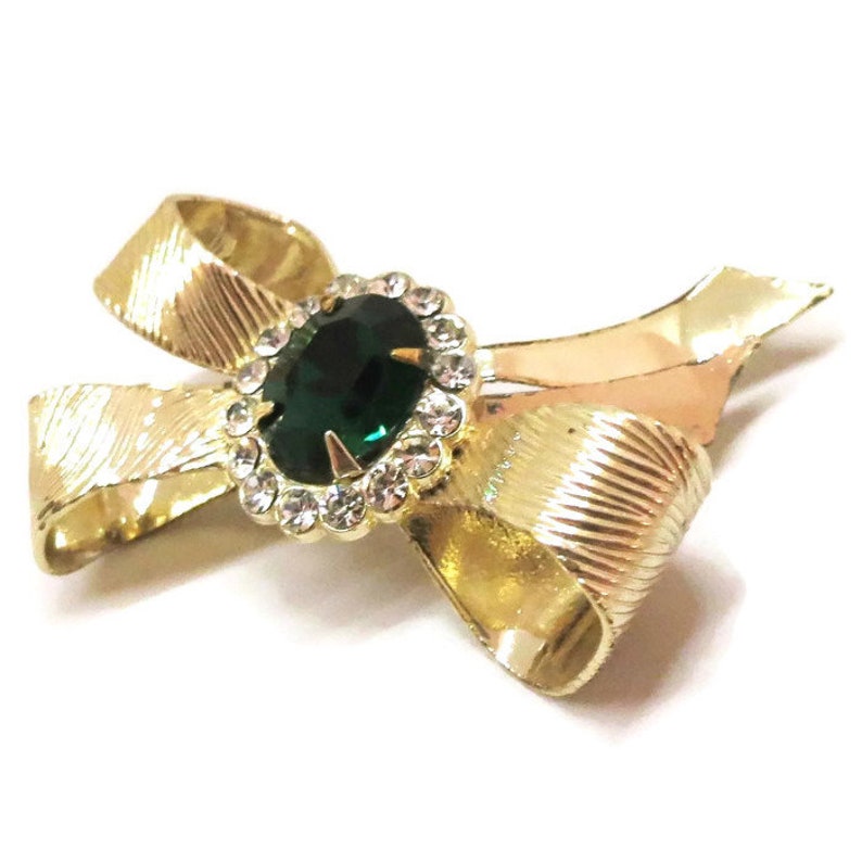 Green Rhinestone Bow Brooch Vintage Coro Signed Gold Tone Etsy