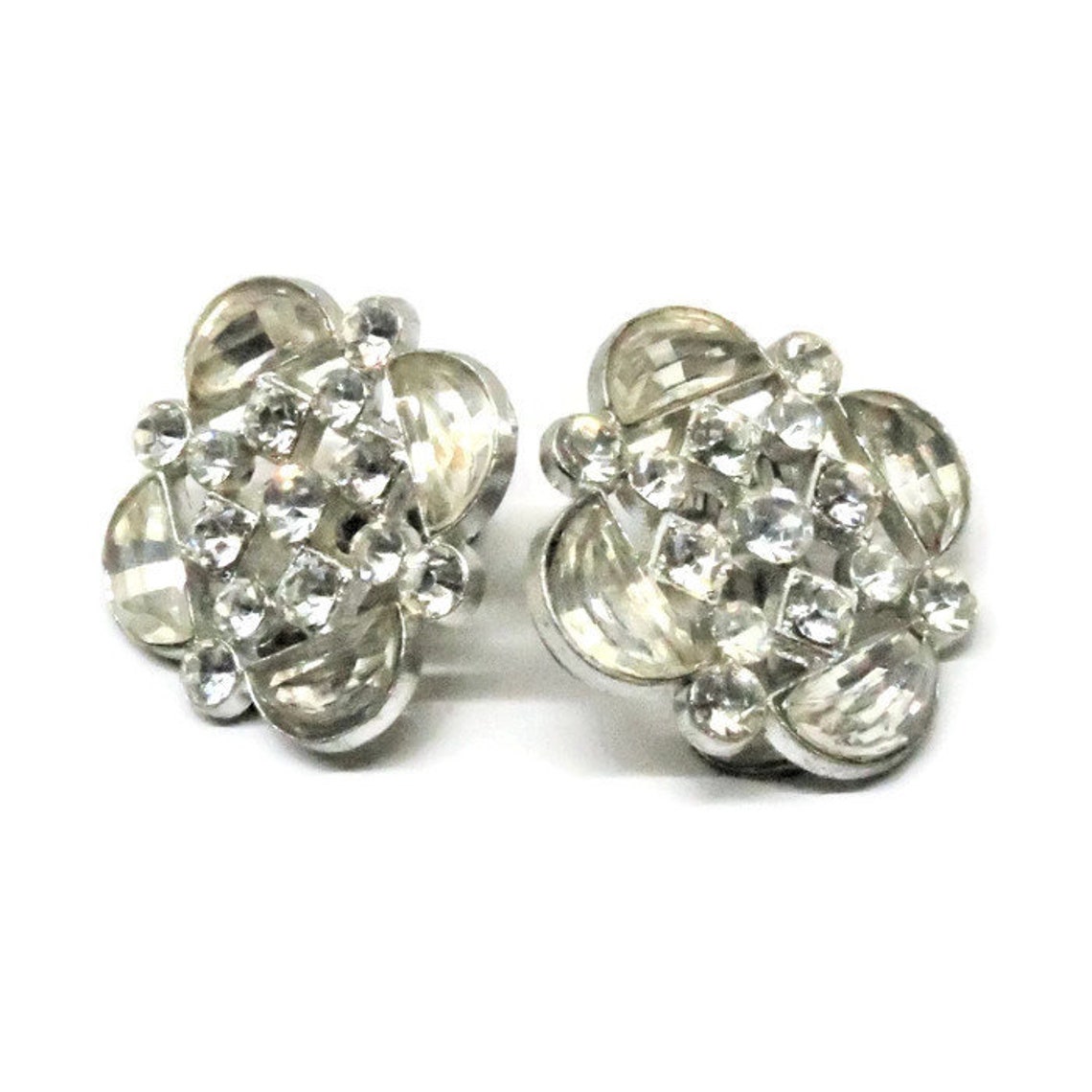 Rhinestone Button Earrings Vintage Unique Silver Tone - Etsy