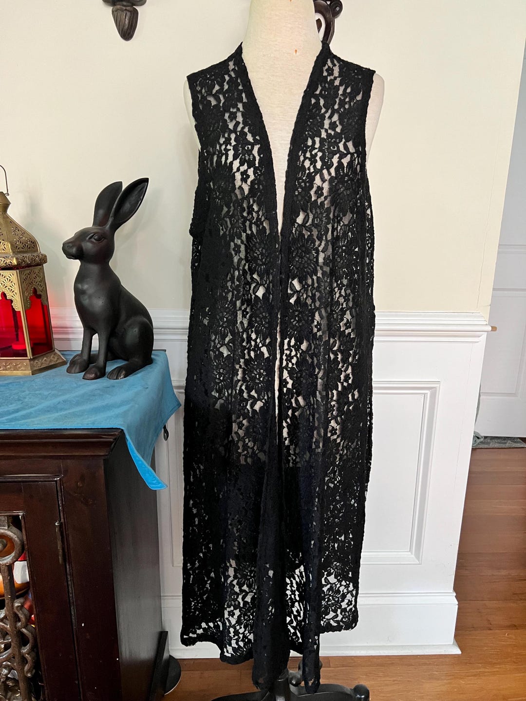 Long Black Lace Open Jacket Large Layered Lagenlook Boho Bohemian Side ...
