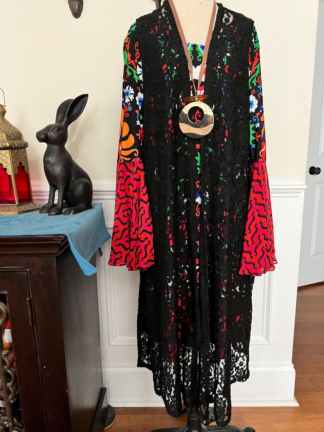 Long Black Lace Open Jacket Large Layered Lagenlook Boho Bohemian Side ...