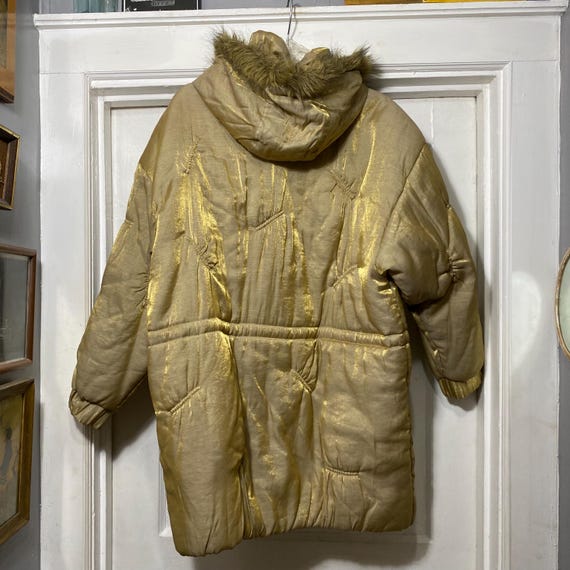 Vintage Shiny Gold Puffer Jacket With Faux Fur Trim H… - Gem