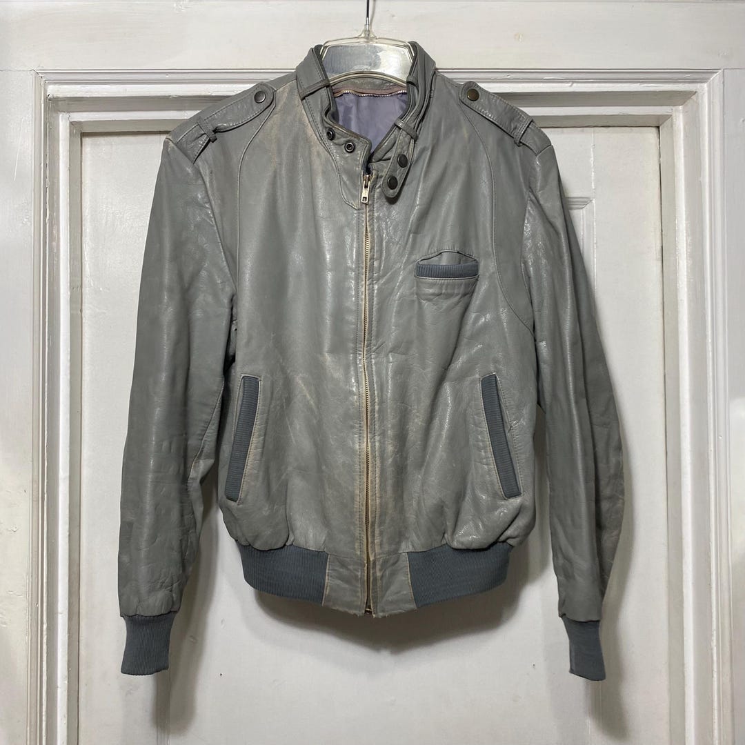 Vintage Grey Leather Bomber Jacket - Etsy