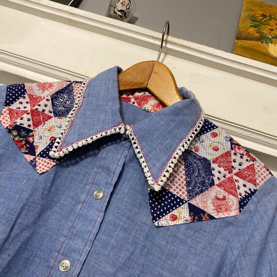 Vintage 1970s Hand Painted Patchwork Chambray Button … - Gem