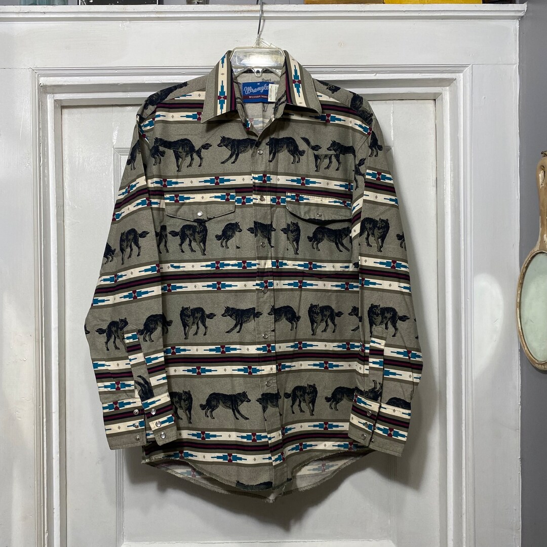 Vintage Wrangler Western Shirts Wolf and Western Pattern Print Button ...