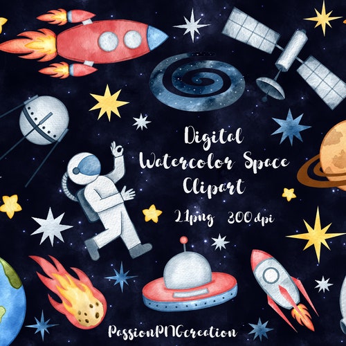 Watercolor Space Clipart Astronaut Spaceship Rocket Stars - Etsy