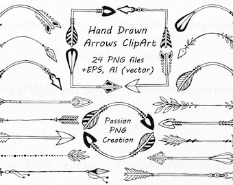 Boho Arrows Clipart, Tribal Design, Arrow Clipart Doodle, Hand Drawn ...