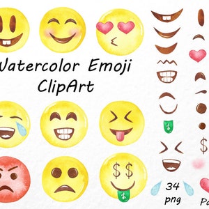 Watercolor Emoji Clipart, DIY, Watercolor Clip Art, Instant Download ...