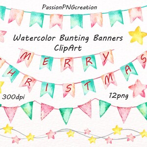 Watercolor Bunting Banners Clipart, Banners Clip Art, Merry Christmas ...
