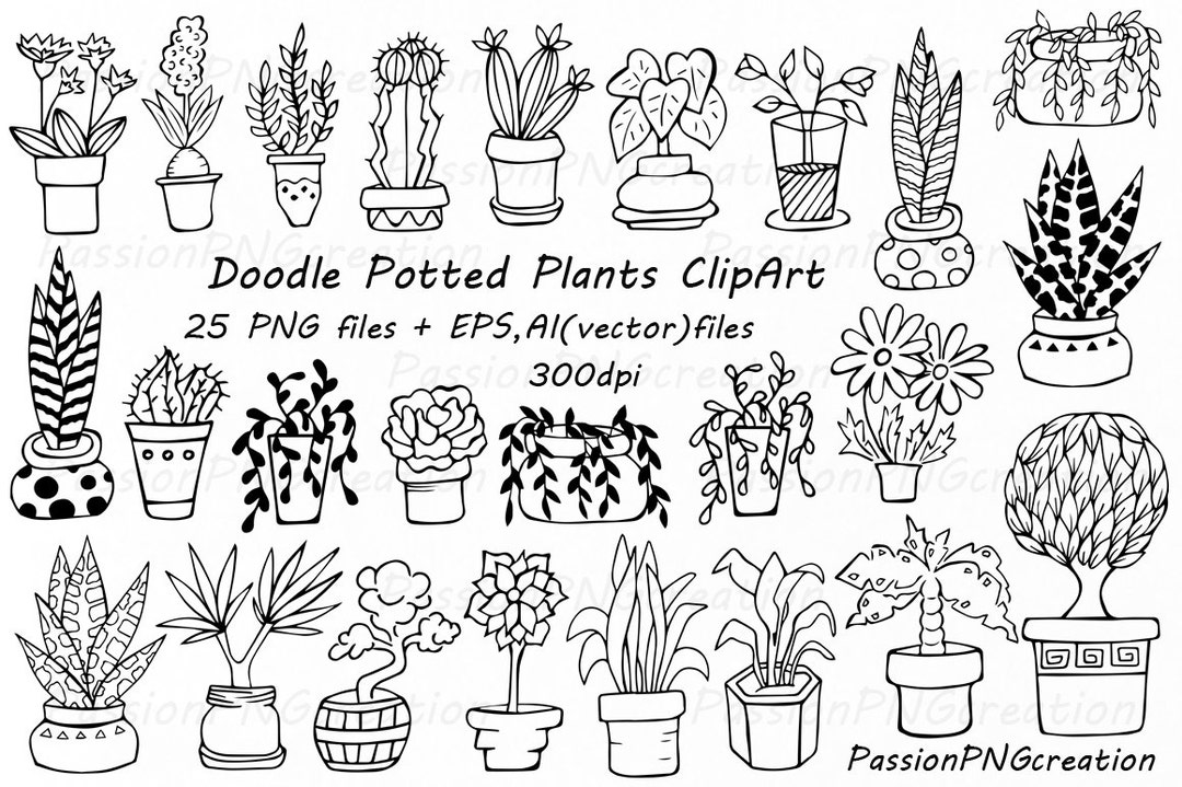 Doodle Potted Plants Clipart, Hand Drawn Plants, Potted Succulent ...