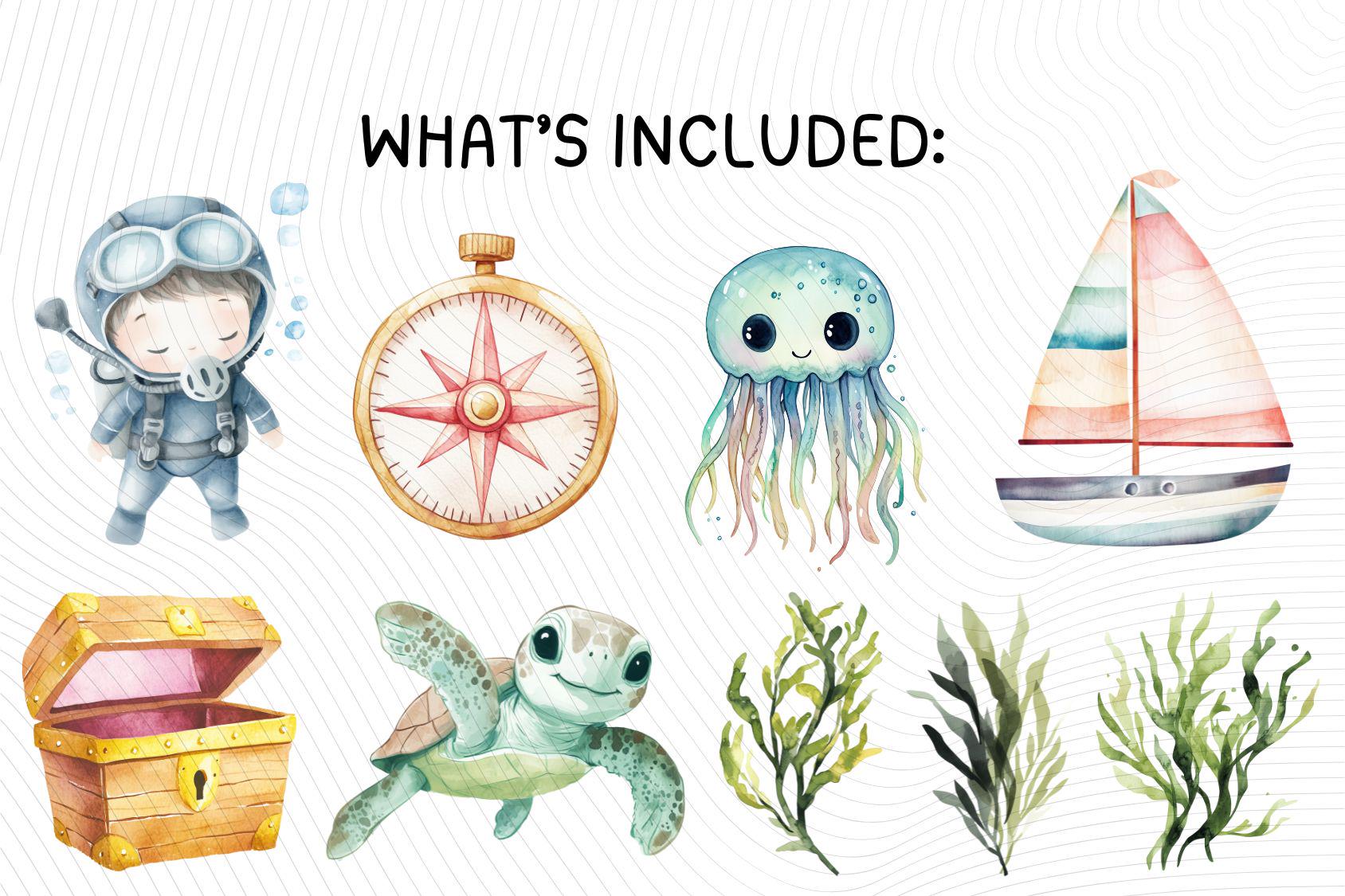 Cute Sea Life Clipart Bundle – 70 PNG, Ocean Animals, Watercolor Marine ...