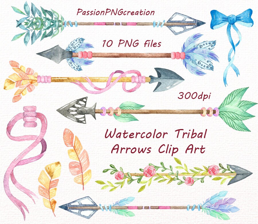 Watercolor Tribal Arrows Clipart: Handpainted PNG Set (digital Download ...