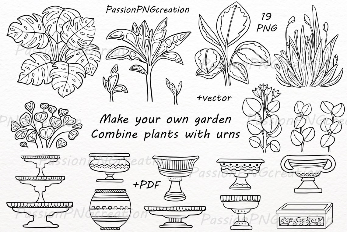 Hand Drawn Garden Plants Clipart Doodle Potted Plants Clip - Etsy
