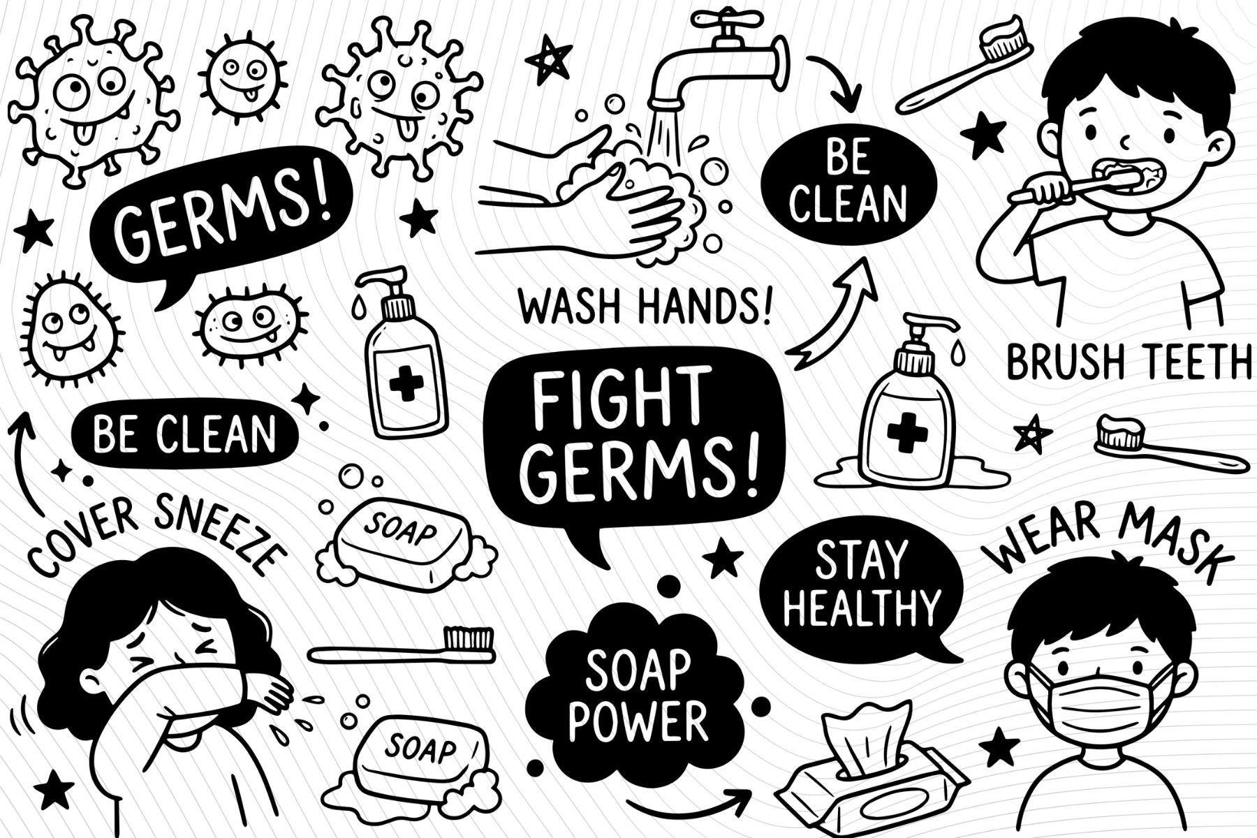 Hygiene Clipart SVG Bundle, Fight Germs Doodles, Wash Hands PNG, Health ...