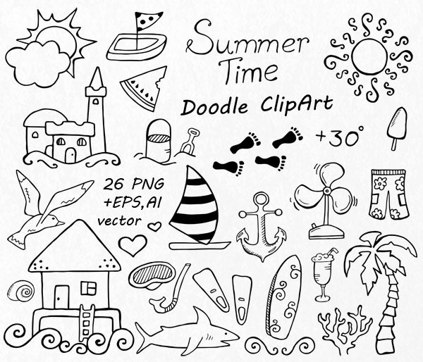 BIG SET of Doodle Summer Cliparts Hand Drawn Vacation - Etsy
