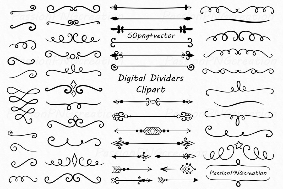 Doodle Divider Clipart: 50 PNG & Vector Design Elements (digital ...