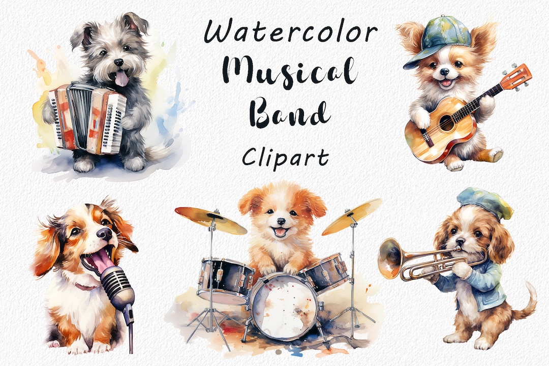 Watercolor Dogs Playing Musical Instruments Clipart Set for Crafts ...