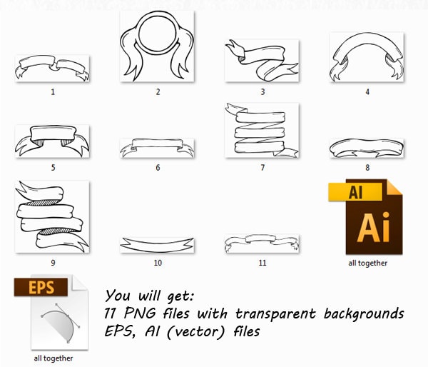 Hand Drawn Ribbon Banners Clipart Doodle Clip Art Elements - Etsy Canada