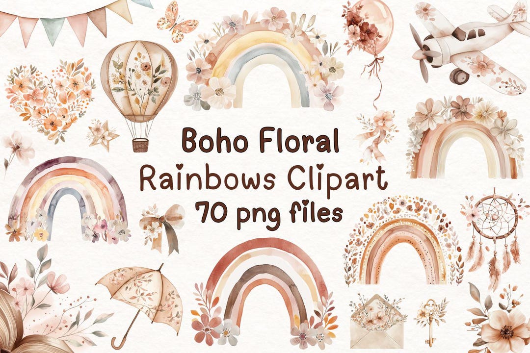 Boho Rainbow Clipart Bundle: Floral Watercolor PNG Stickers (70 Files ...