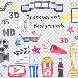 Movie Clipart, Watercolor Cinema Clipart, Film, Popcorn, Movie Theatre ...