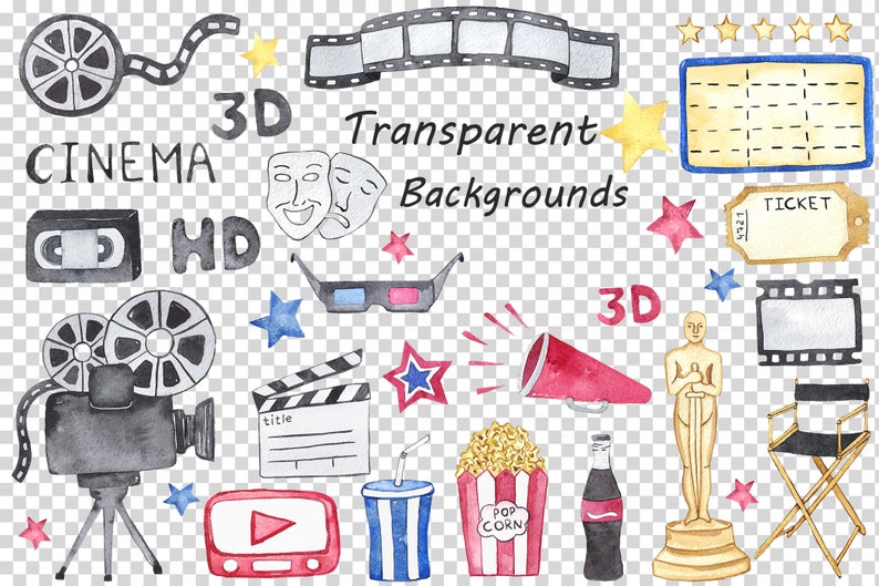 Movie Clipart Watercolor Cinema Clipart Film Popcorn Movie - Etsy