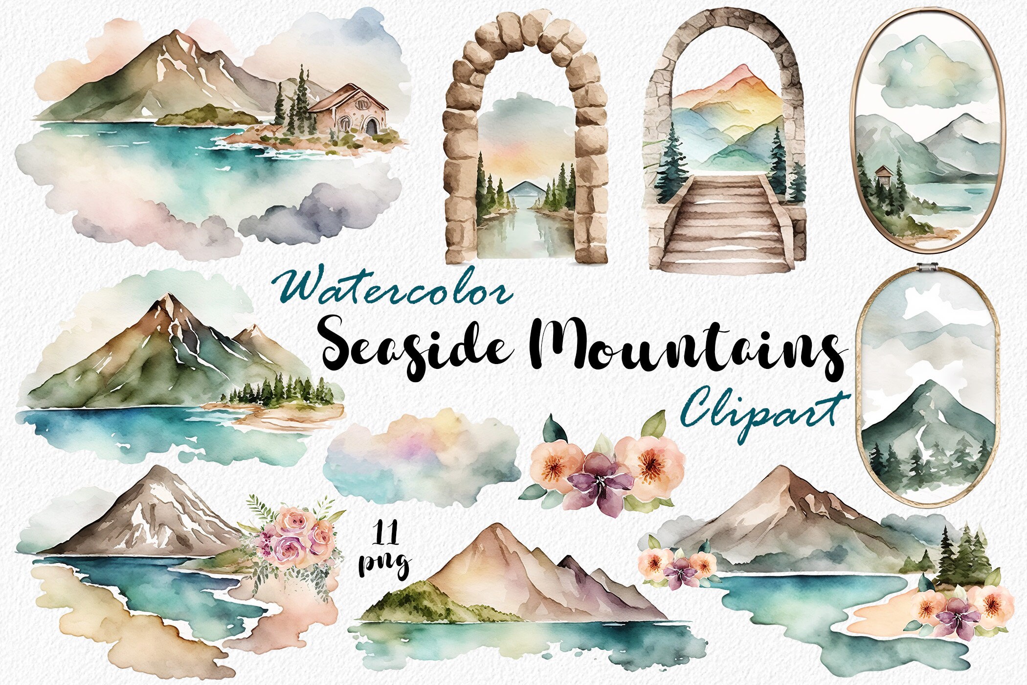 Watercolor Landscape Clipart Set: Desert, Coastal, River, Mountain ...