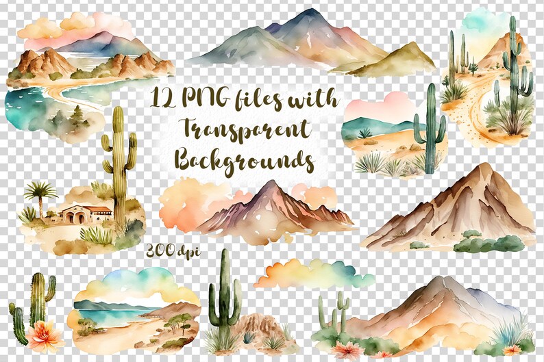 Watercolor Desert Clipart: PNG Files Cactus Illustrations & - Etsy