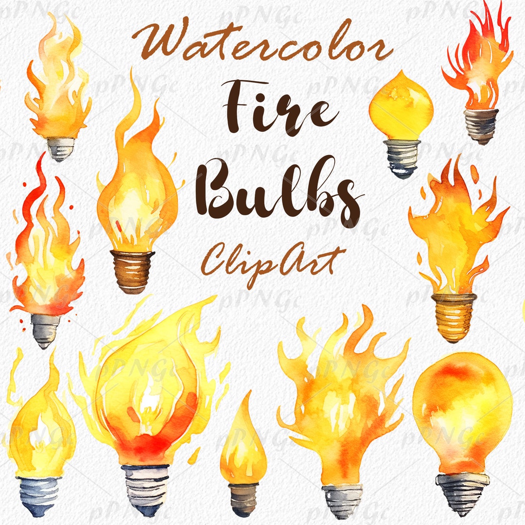 Fire Light Bulbs Watercolor Clipart: Flame PNG Set (digital Download ...