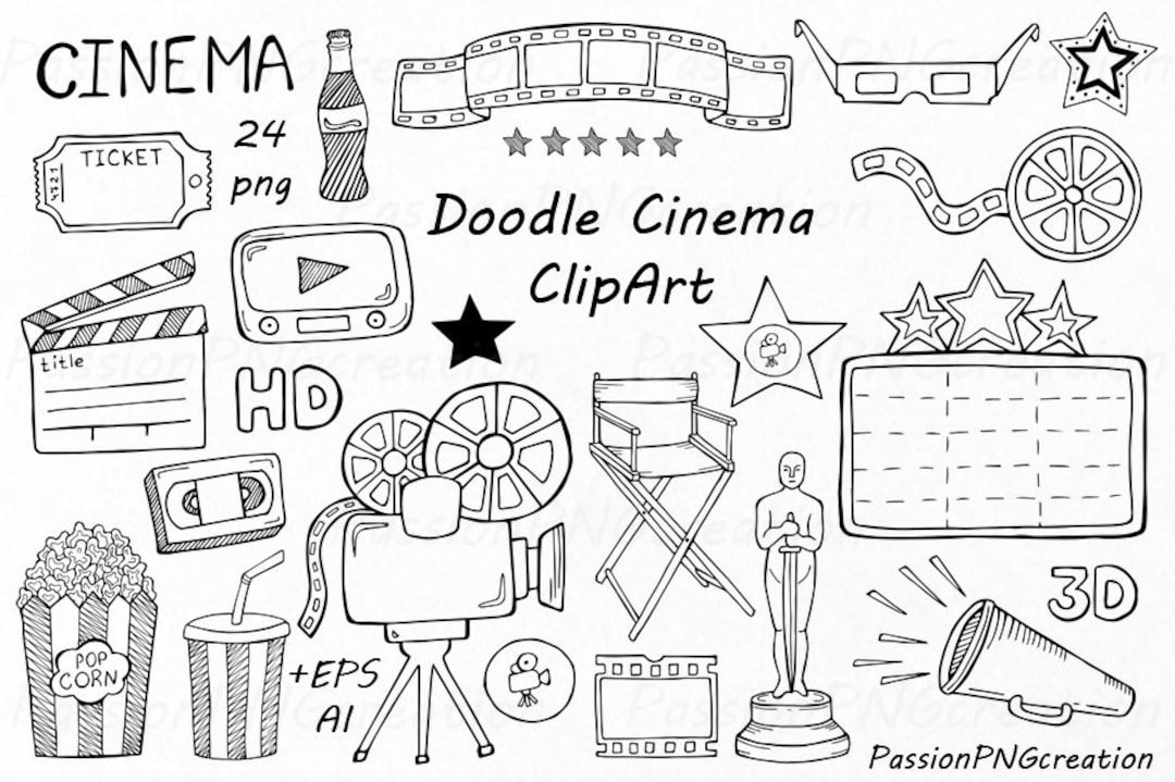Doodle Cinema Clipart, Hand Drawn Cinema Clip Art, PNG, EPS, AI, Vector ...