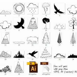 Doodle Nature Clipart, Hand Drawn Mountain Clipart, Clouds Clip Art ...