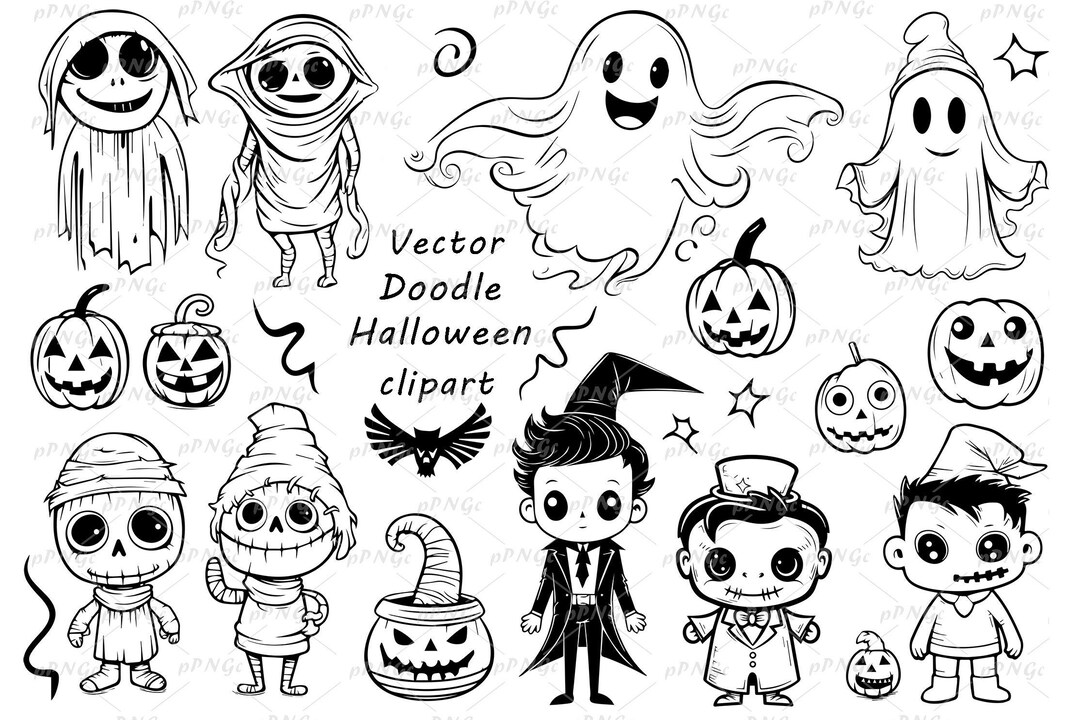 Doodle Halloween Cute Monsters & Ghosts Vector Clipart: Svg, Eps, Png ...